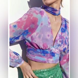 Zara | Tops | Zara Floral Chiffon Blouse Pink And Blue | Poshmark